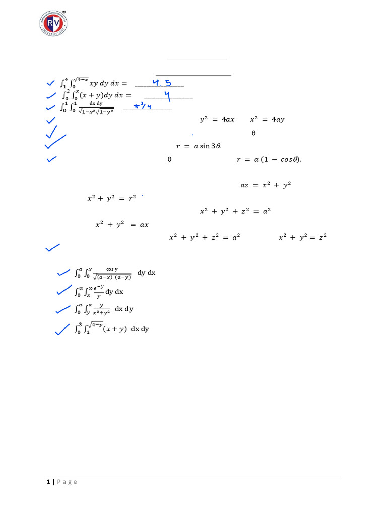 Unit-4 Multiple Integral (Tutorial Sheets) | PDF | Integral | Calculus