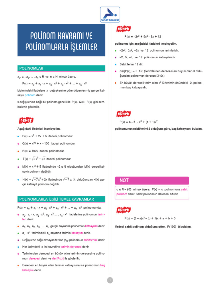 Polinom Kavrami Polinomlarla Islemler Ders 51 | PDF