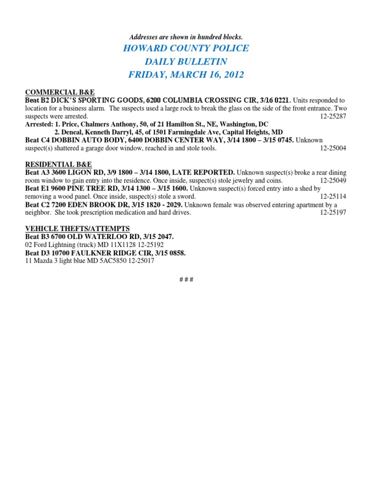 Police Daily Crime Bulletin 20120316 | PDF | Law