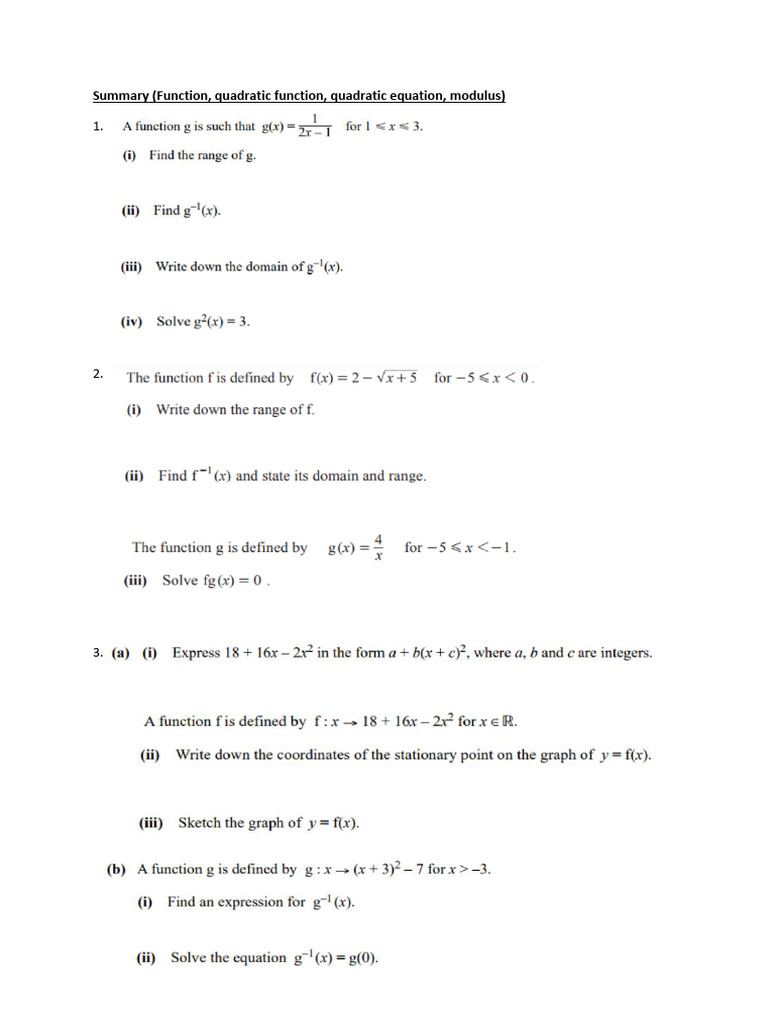 Summary Function Quadratic Function And Equation Pdf