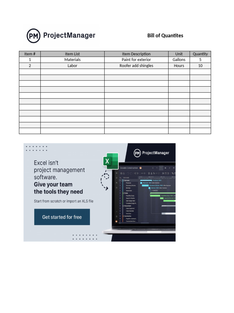 Free Bill of Quantities Template Excel ProjectManager WLNK | PDF