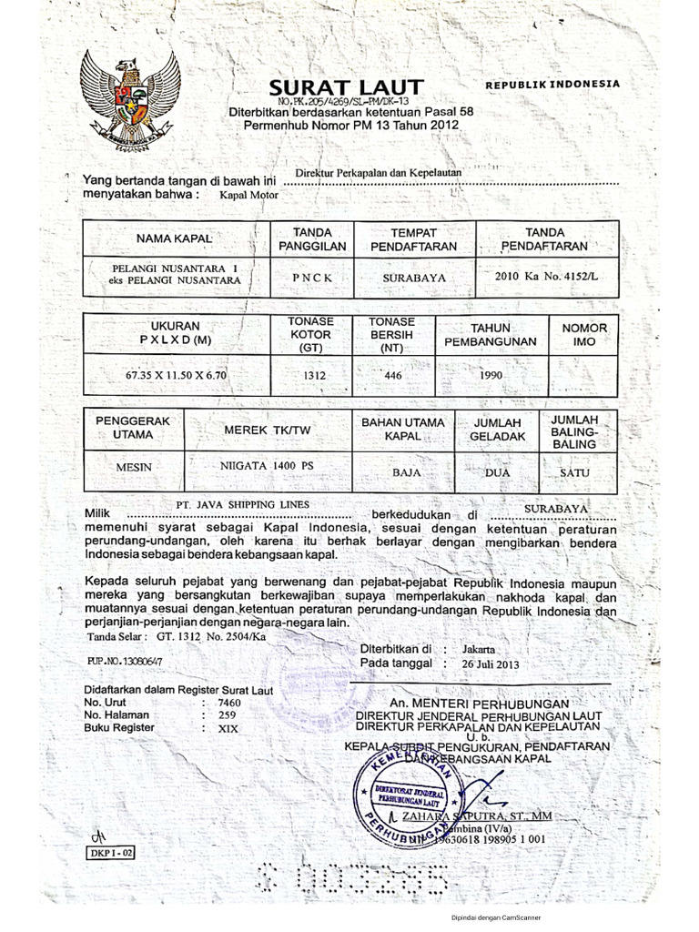 Endors Surat Laut Km.pelangi Nusantara i 2021 | PDF
