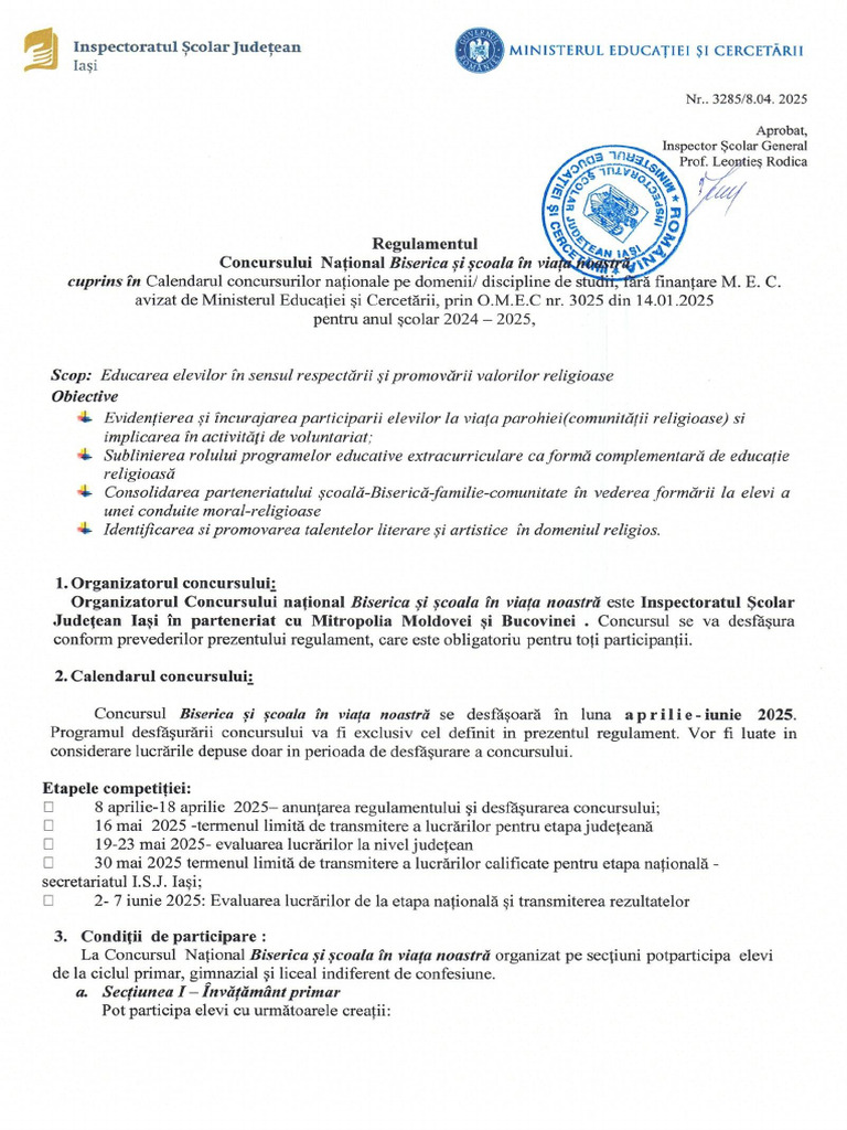 Regulament - Concurs National - Biserica Si Scoala in Viata Noastra | PDF