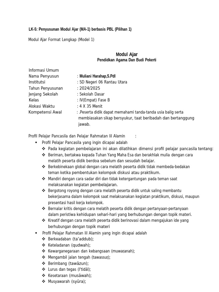 LK 5 Penyusunan Modul Ajar (MA 1) Berbasis PBL (Pilihan 1) .MULIANI | PDF