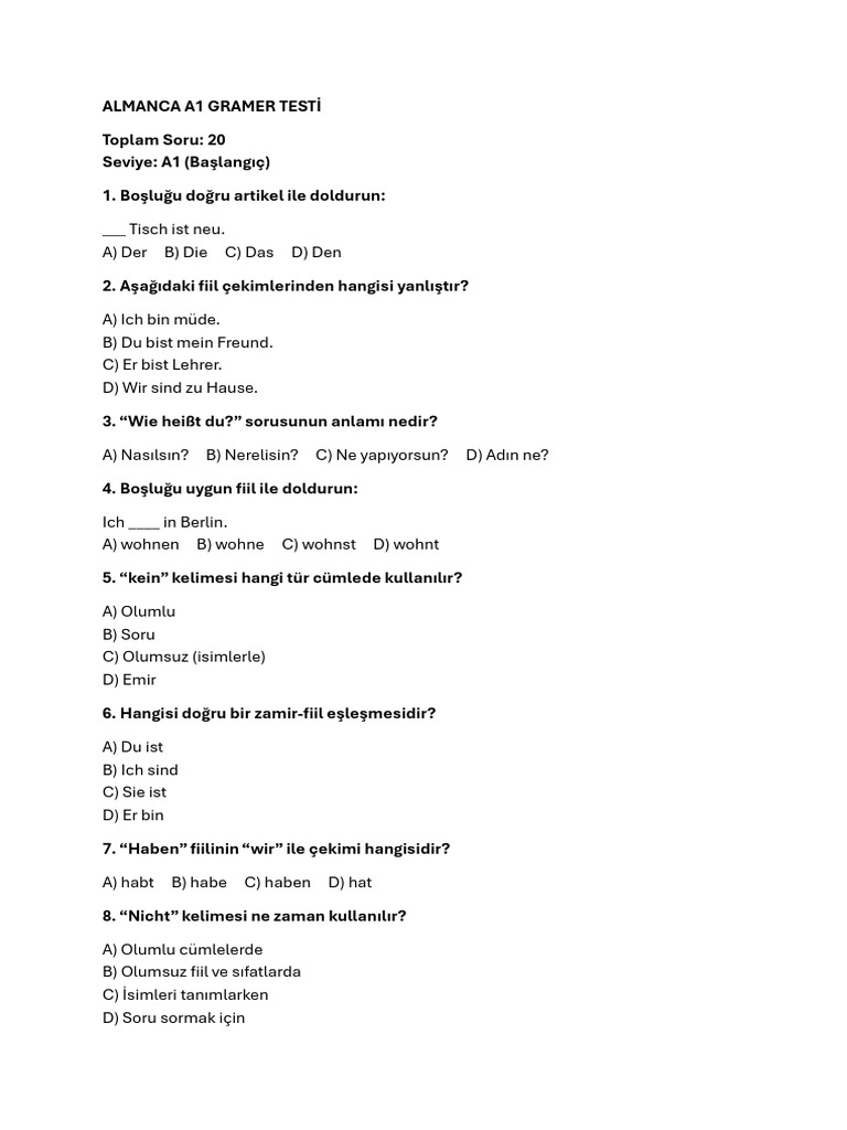 Almanca A1 Gramer Testi̇ | PDF