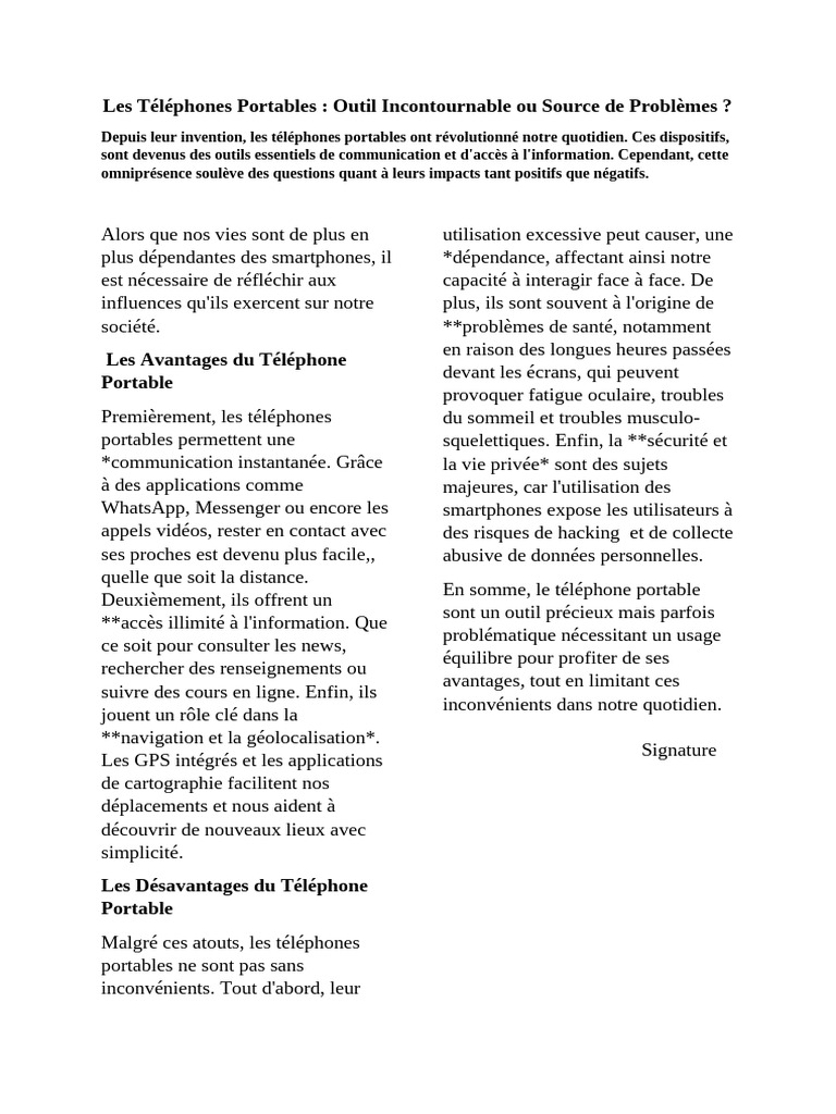 Téléphones Portables : Avantages et Inconvénients | PDF | Téléphone ...