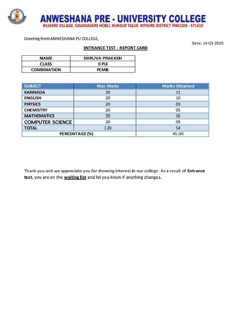 Report Card-Entrance Test - Druva Prakash | PDF