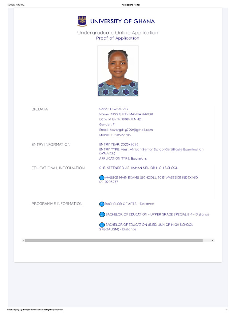 University of Ghana Admission Proof 2025 | PDF