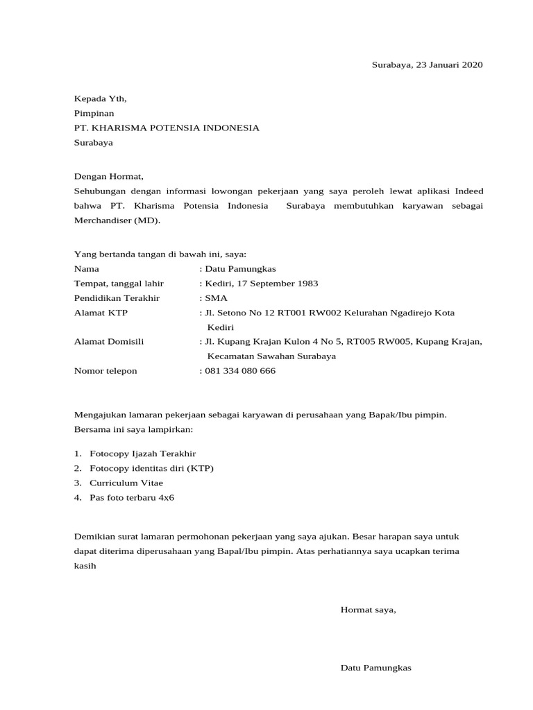 Lamaran kerja+CV - PT Kharisma | PDF