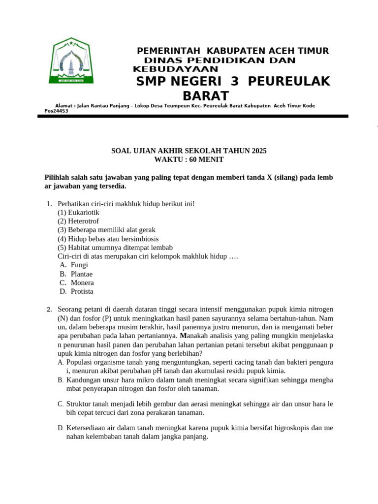 Soal Ipa Paket B Ujian Akhir Sekolah Tahun 2025 | PDF