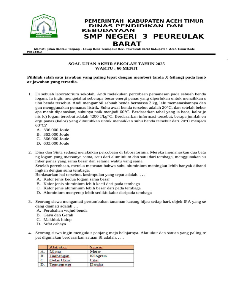 Soal Ipa Paket A Ipa Ujian Akhir Sekolah Tahun 2025 | PDF