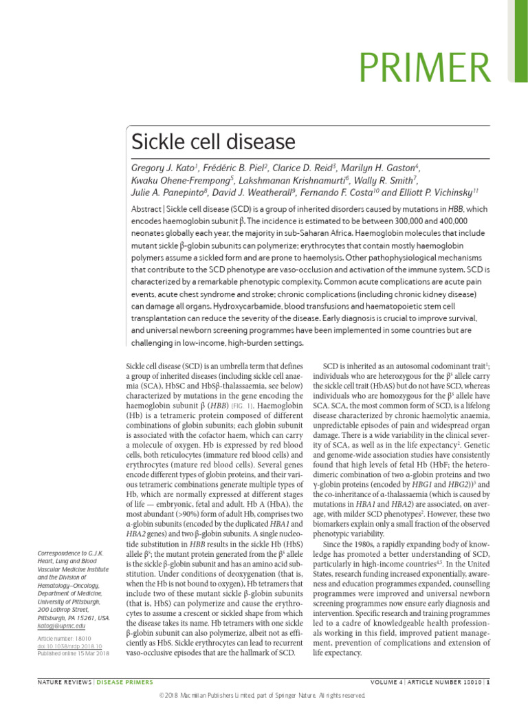 Sickle Cell Disease - Review Nature | PDF | Hemoglobin | Hematology