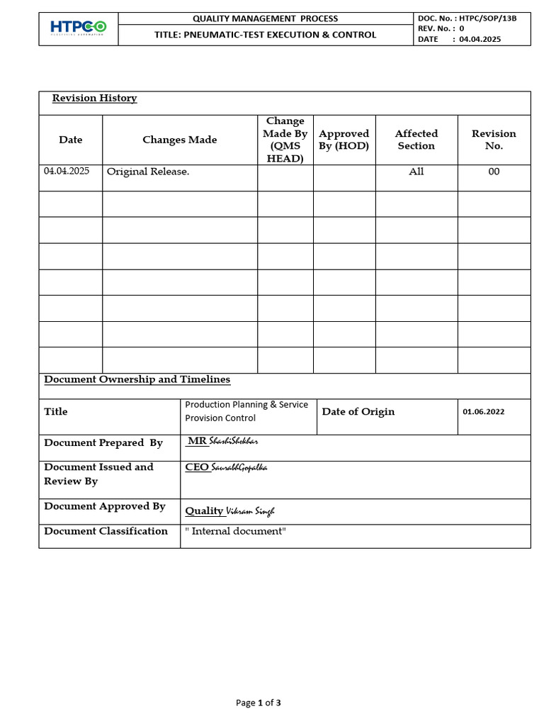 SOP-13B PNEUMATIC-TEST EXECUTION & CONTROL | PDF