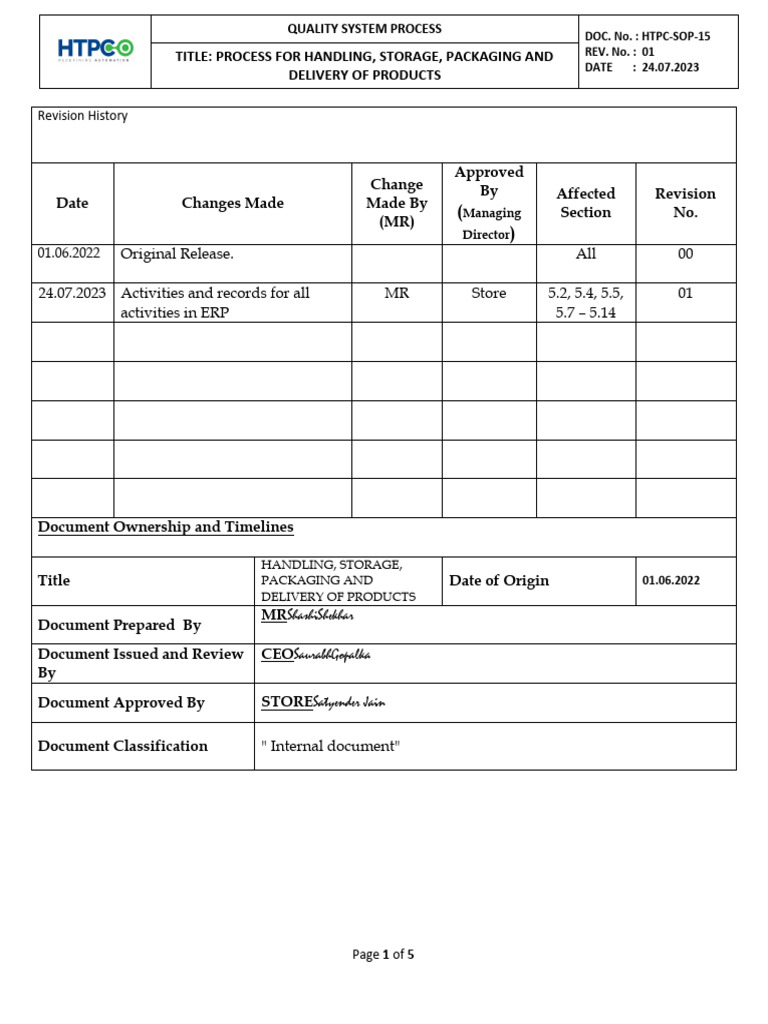 SOP-15 Process For Handling, Storage | PDF | Shelf Life