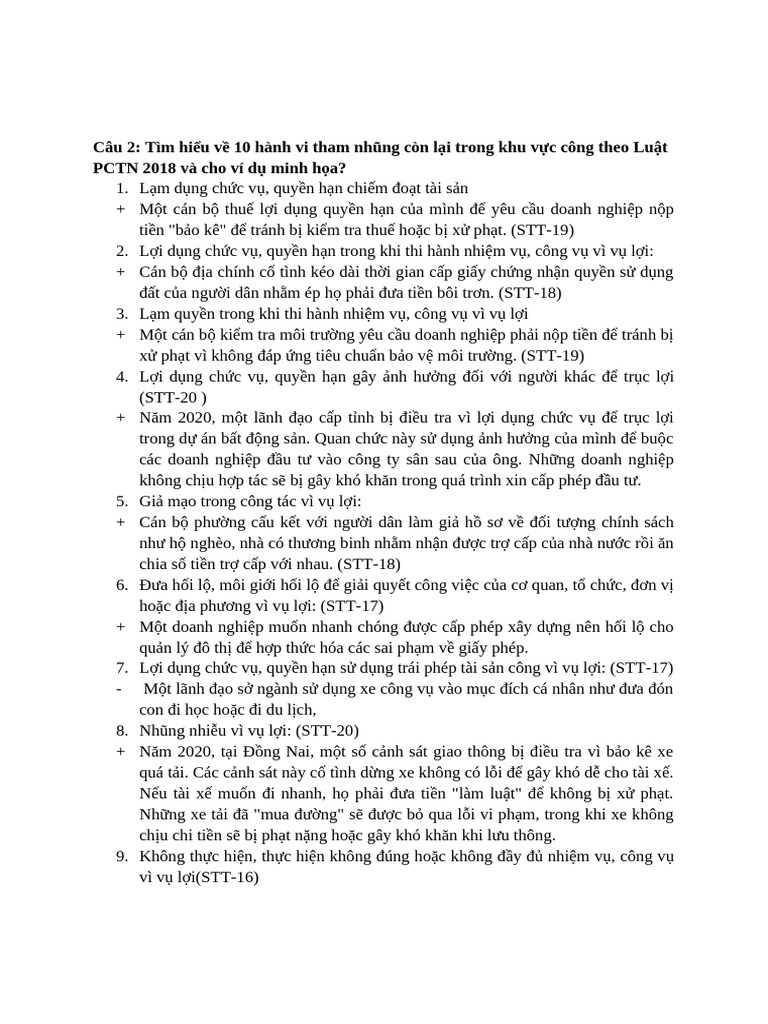 Tìm hiểu về 10 hành vi tham nhũng còn lại trong khu vực công theo Luật PCTN 2018 và cho ví dụ ...