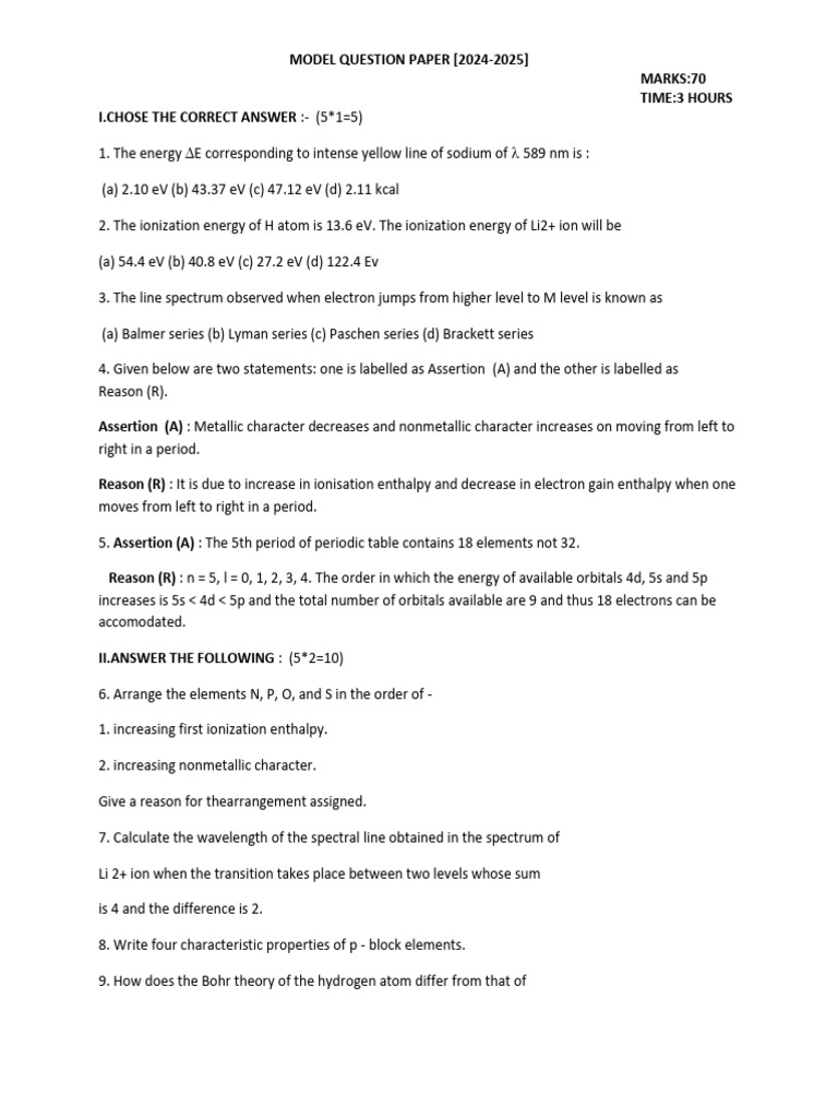 Chemistry Model Question Paper 2024-2025 | PDF | Mole (Unit ...