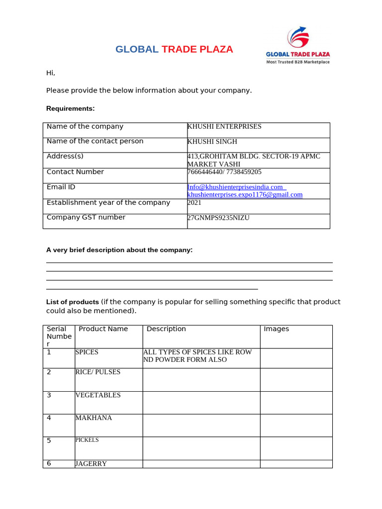 Khushi Enterprises Profile for Global Trade | PDF