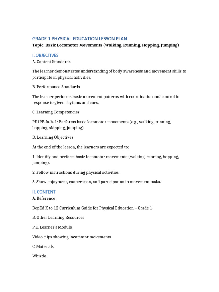 Grade1 PE LessonPlan LocomotorMovements | PDF | Learning | Physical ...
