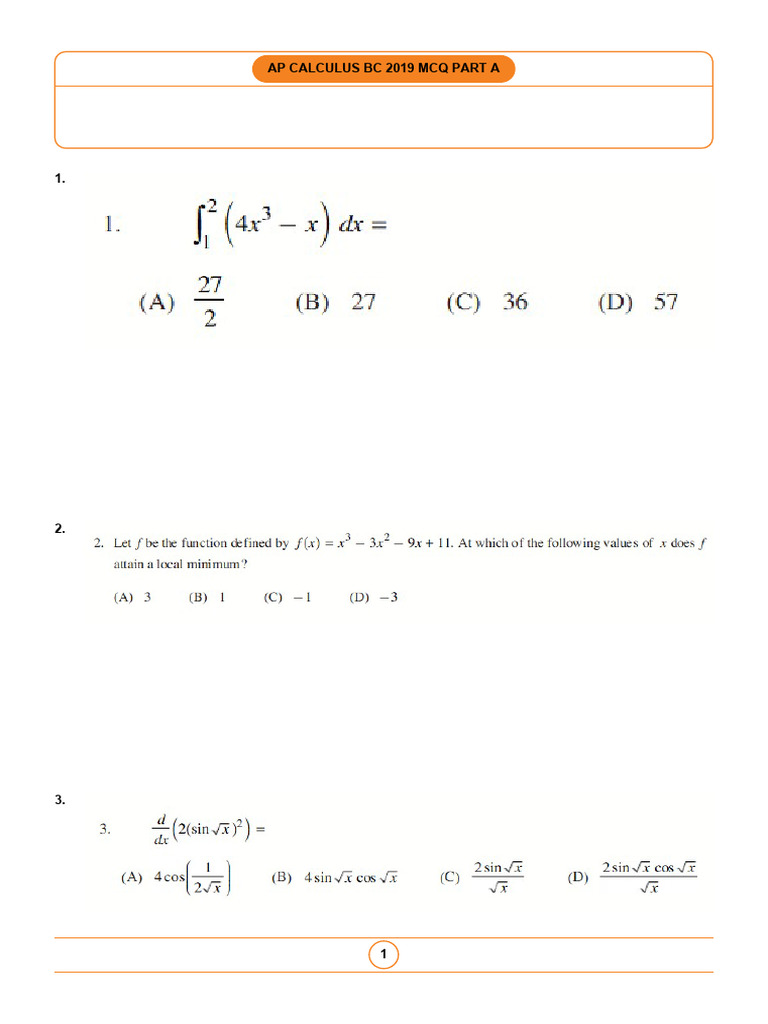 Ap Calculus BC 2019 MCQ Part A | PDF