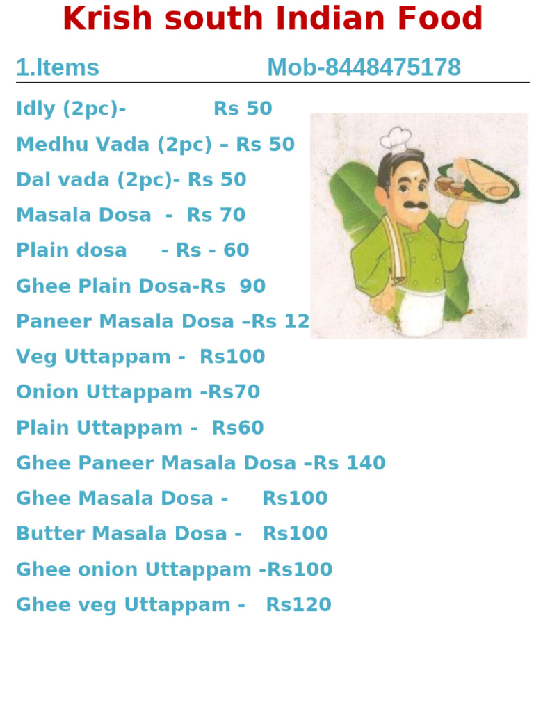 Krish South Indian Food | PDF