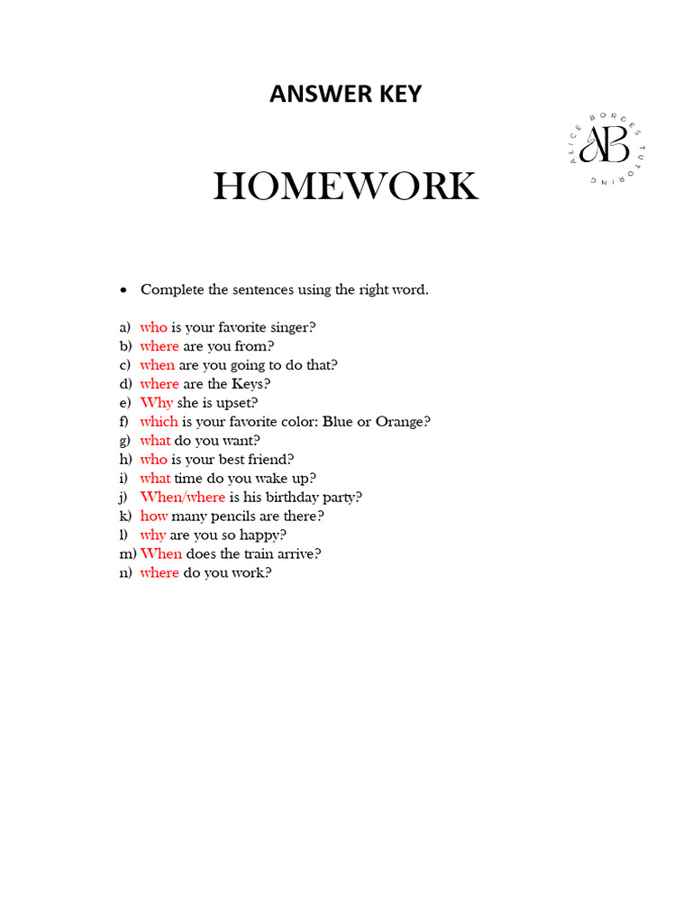 Answer Key WH Questions | PDF