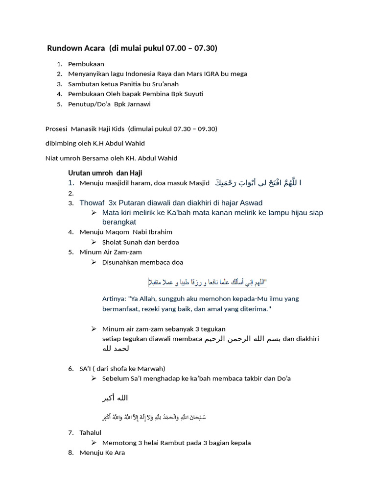 Rundown Acara Manasik Haji Kidz 2025 | PDF