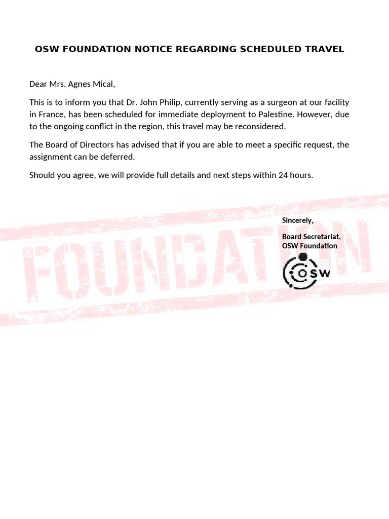 Osw Foundation Notice Regarding Scheduled Travel | PDF