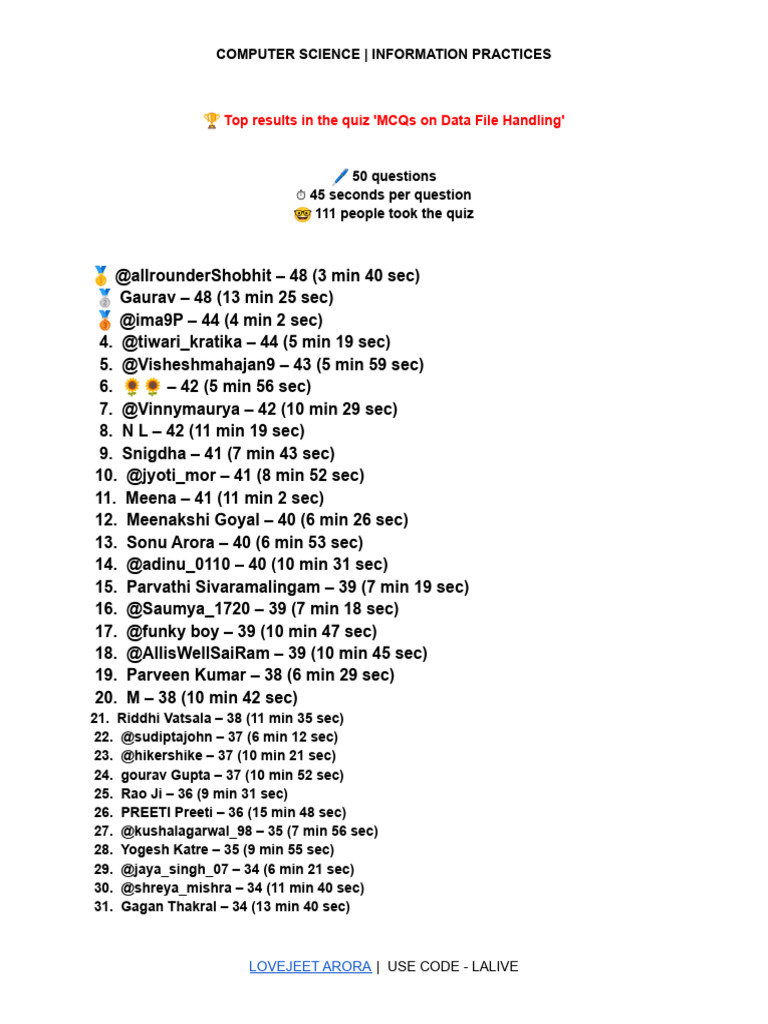 'MCQs On Data File Handling | PDF