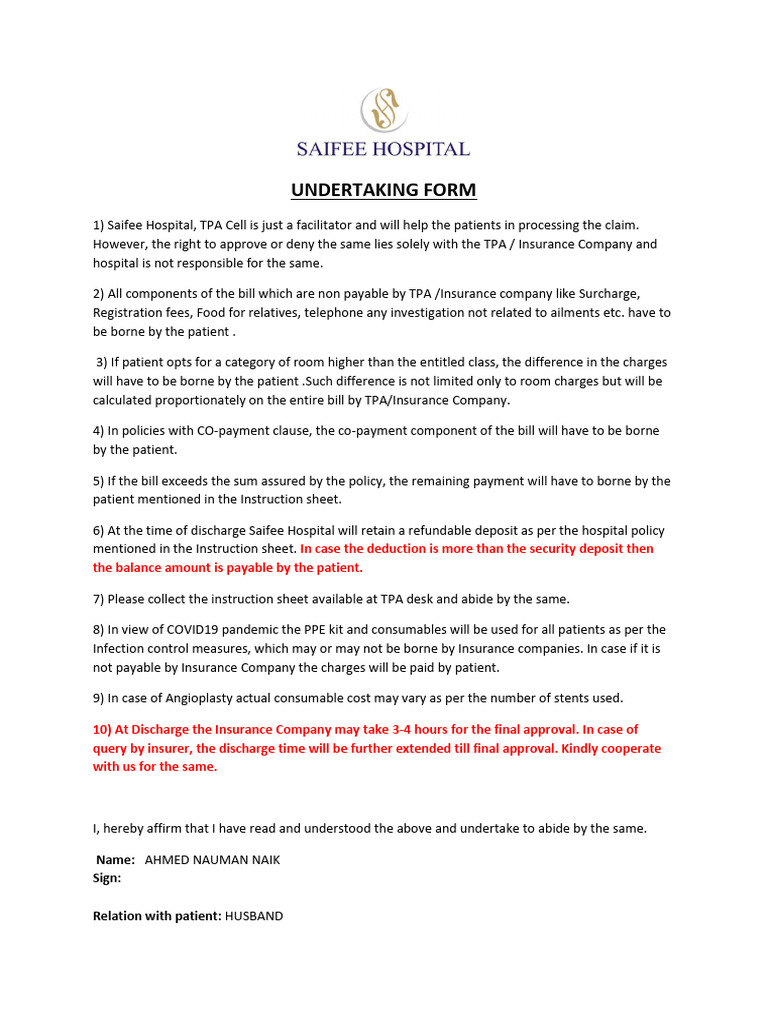 Undertaking Form - SAIFEE HOSPITAL | PDF