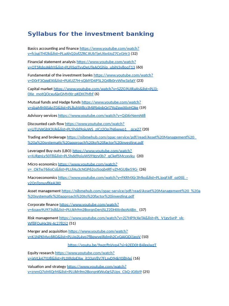 Investment Banking Course Syllabus | PDF | Investment Banking | Investing
