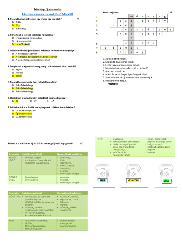 Feladatlap Újrahasznosítás - Megoldások | PDF