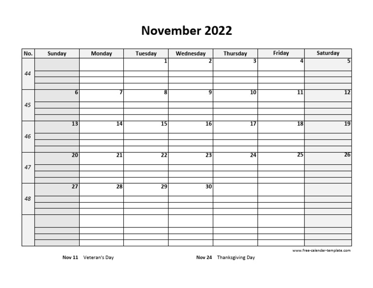 November 2022 Calendar Daygrid Horizontal | PDF
