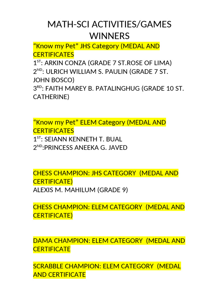 Final Winners (Math Sci Activity) | PDF