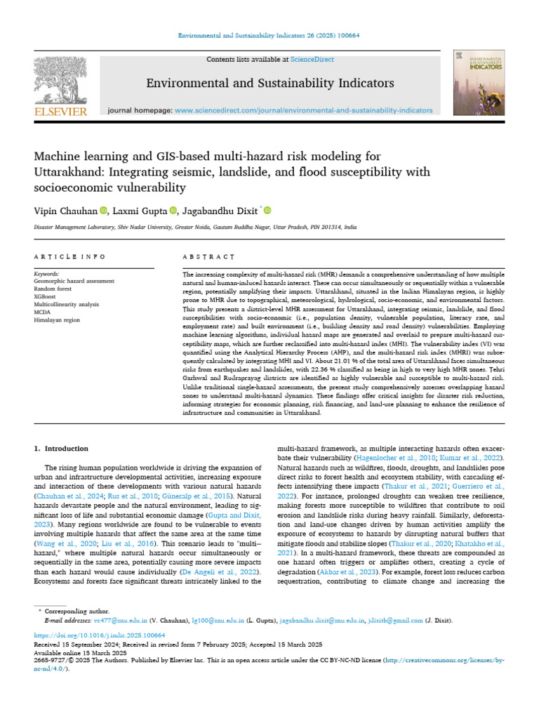 Machine learning and GIS-based multi-hazard risk modeling for Uttarakhand_ Integrating seismic ...