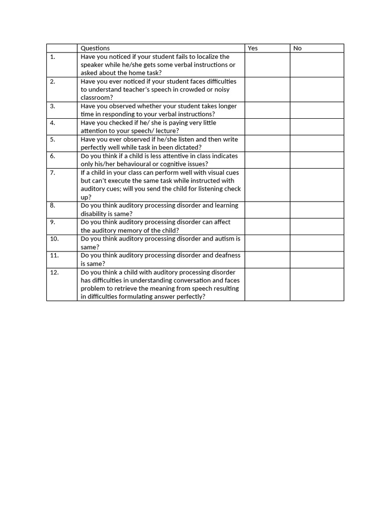 Capd Screening Questionaire | PDF