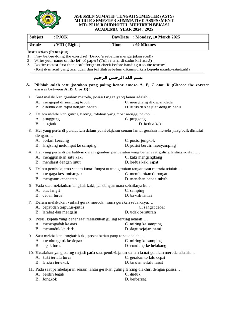 SOAL & JAWABAN ASTS PJOK GENAP 8 24-25 | PDF