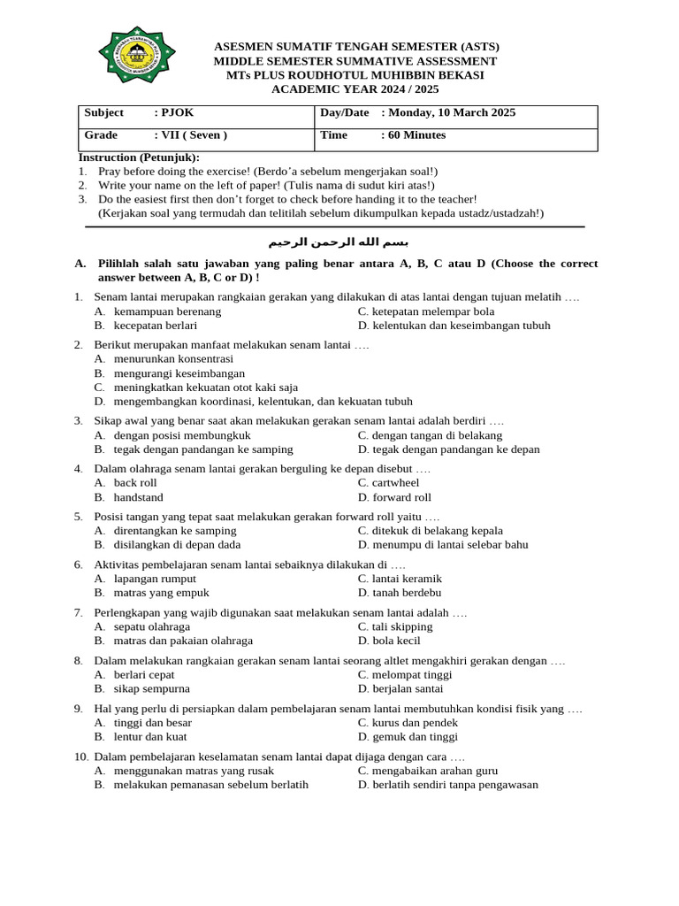 Soal & Jawaban Asts Pjok Genap 7 24-25 | PDF