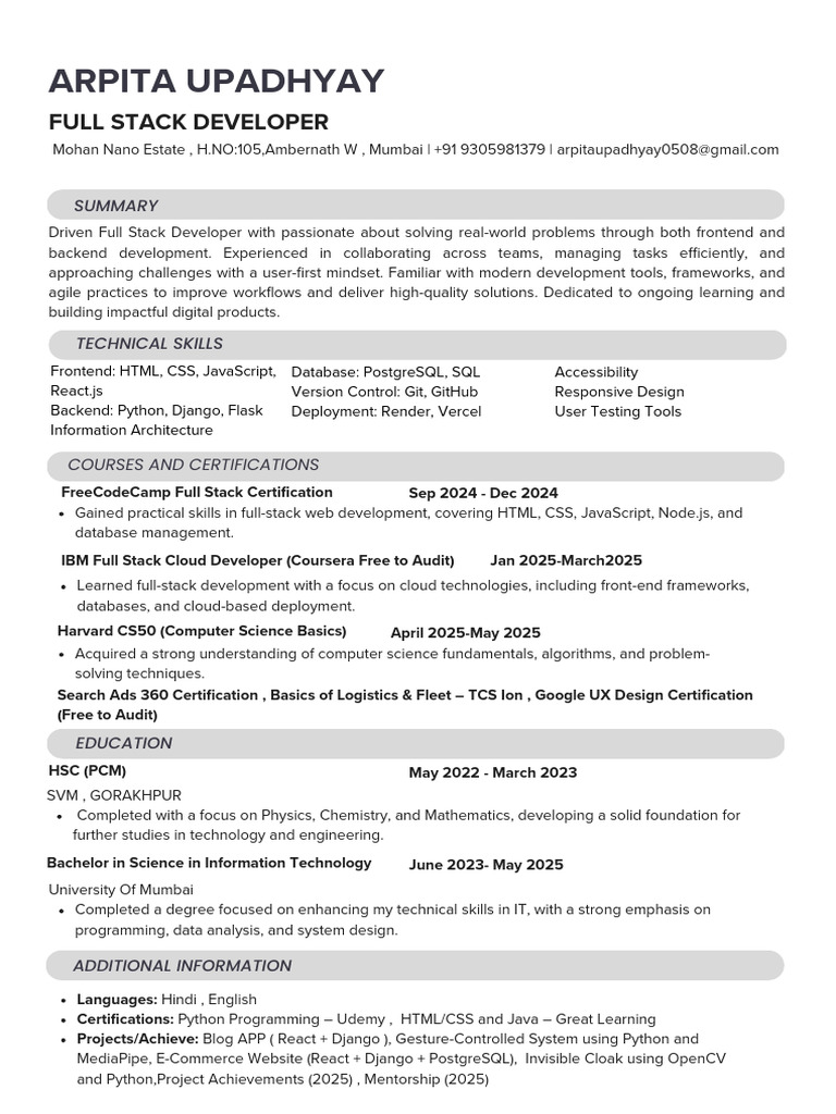Arpita Upadhyay Full Stack | PDF | Databases | Web Development