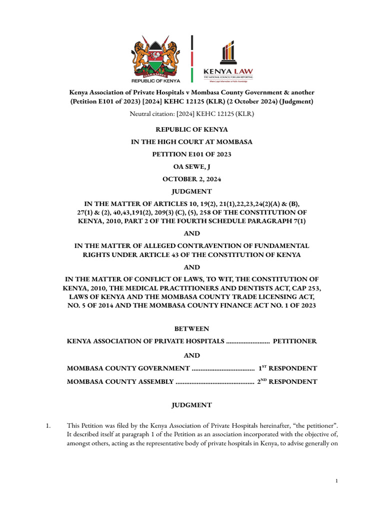 Kenya Association of Private Hospitals V Mombasa County Government Another (Petition E101of2023 ...