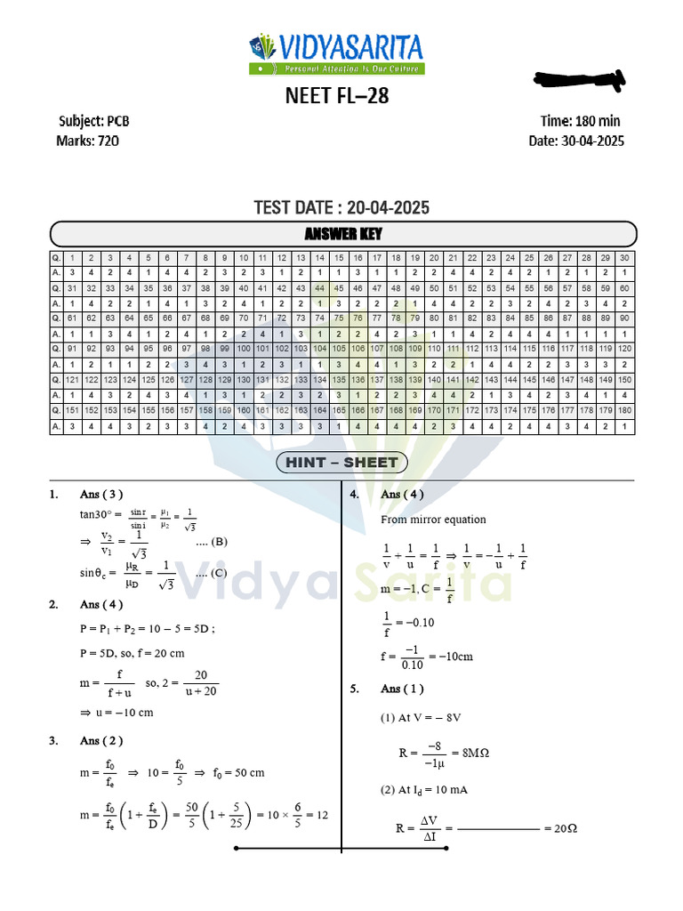 TEST DATE: 20-04-2025: Answer Key | PDF | Physics | Physical Phenomena