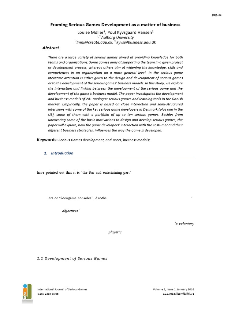 Framing Serious Games Development As A Matter of Business | PDF ...