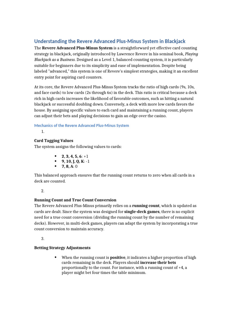 Revere Advanced Plus-Minus System | PDF | Card Counting | Gambling