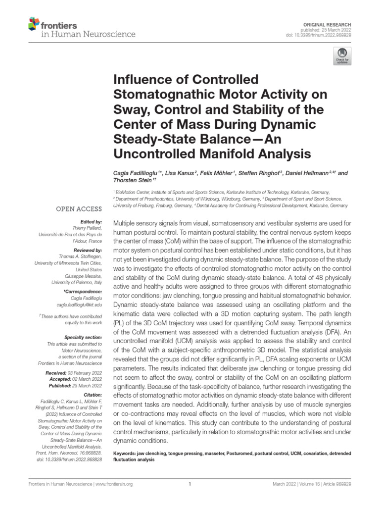 Influence of Controlled Stomatognathic Motor Activity On Sway, Control ...