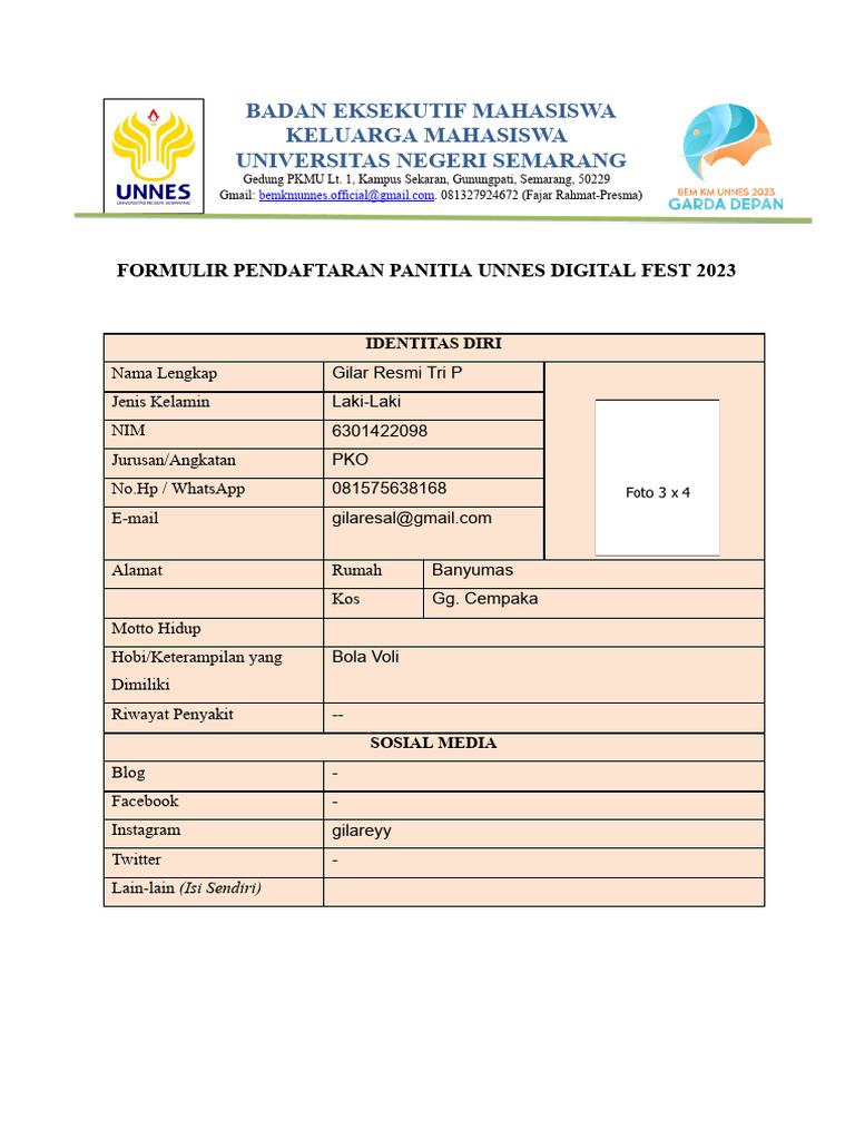 FORMULIR PENDAFTARAN PANITIA UNNES DIGITAL FEST 2023.docx | PDF