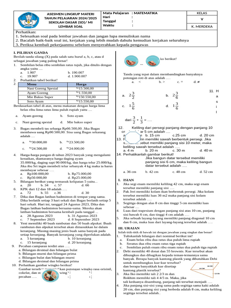 FORMAT LEMBAR SOAL MM Kelas 5 | PDF