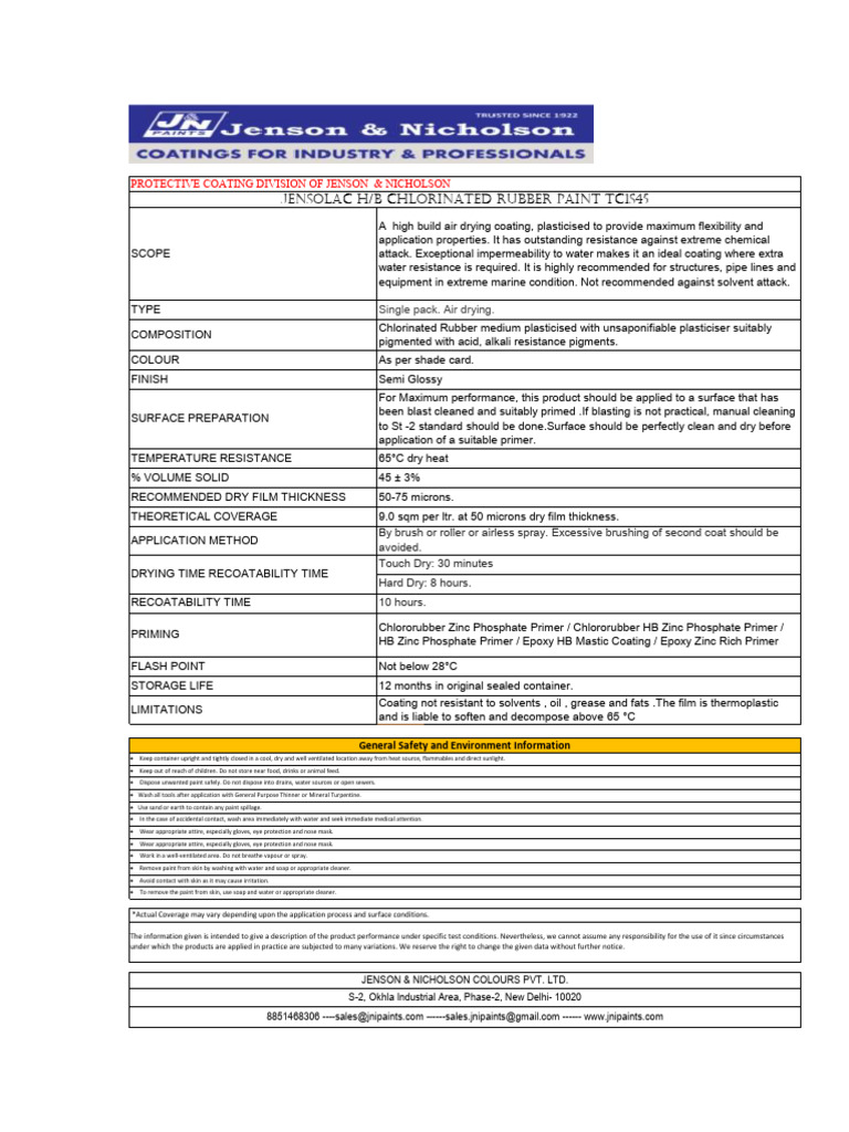 Jensolac HB Chlororubber Paint TC1S45 | PDF | Paint | Industrial Processes