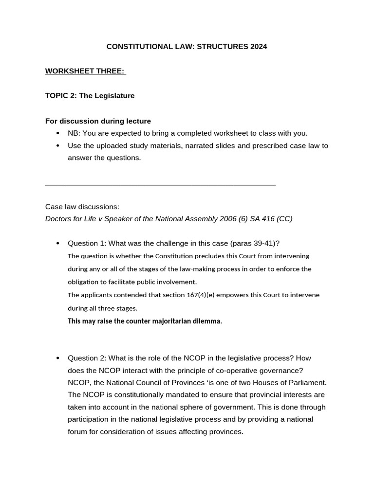 Woksheet 3 Topic 2 (2024) | PDF | Human Rights | Legislature