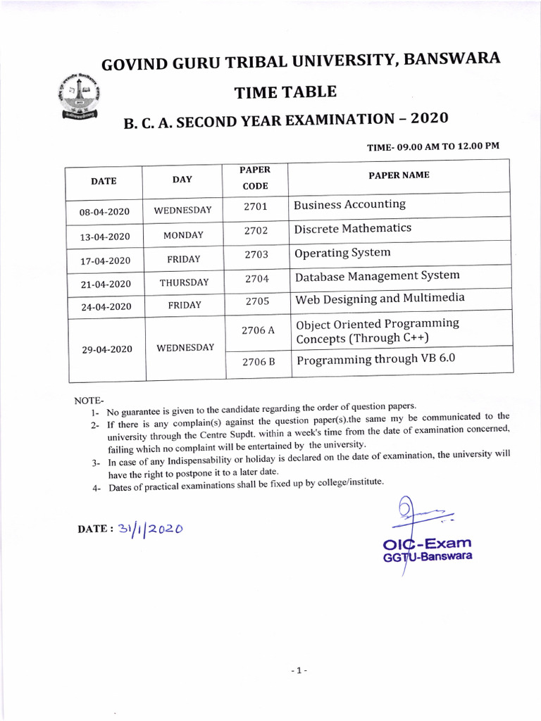 BCA 2nd Year Exam Timetable 2020 | PDF