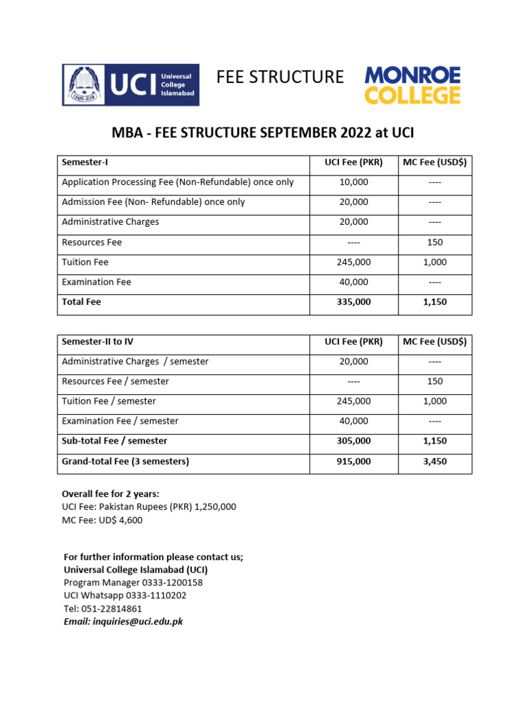 UCI MBA Fee Structure 2022 | PDF