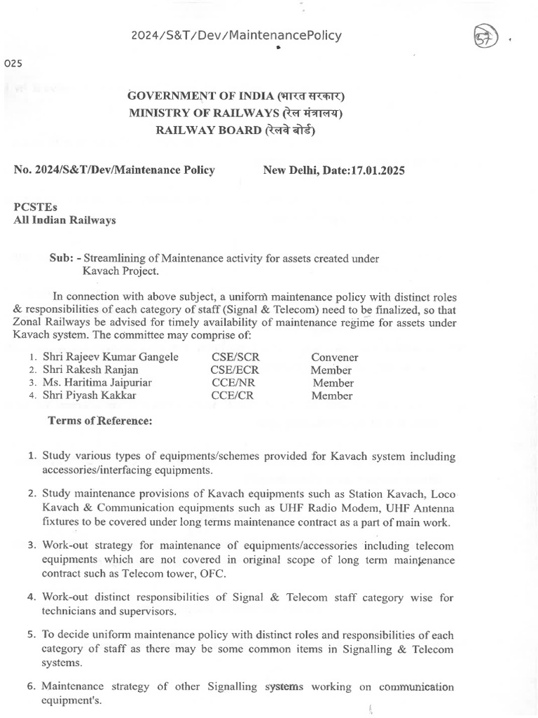 Streamlining of Maintenance Activity For KAVACH Assets 17.01.25 | PDF